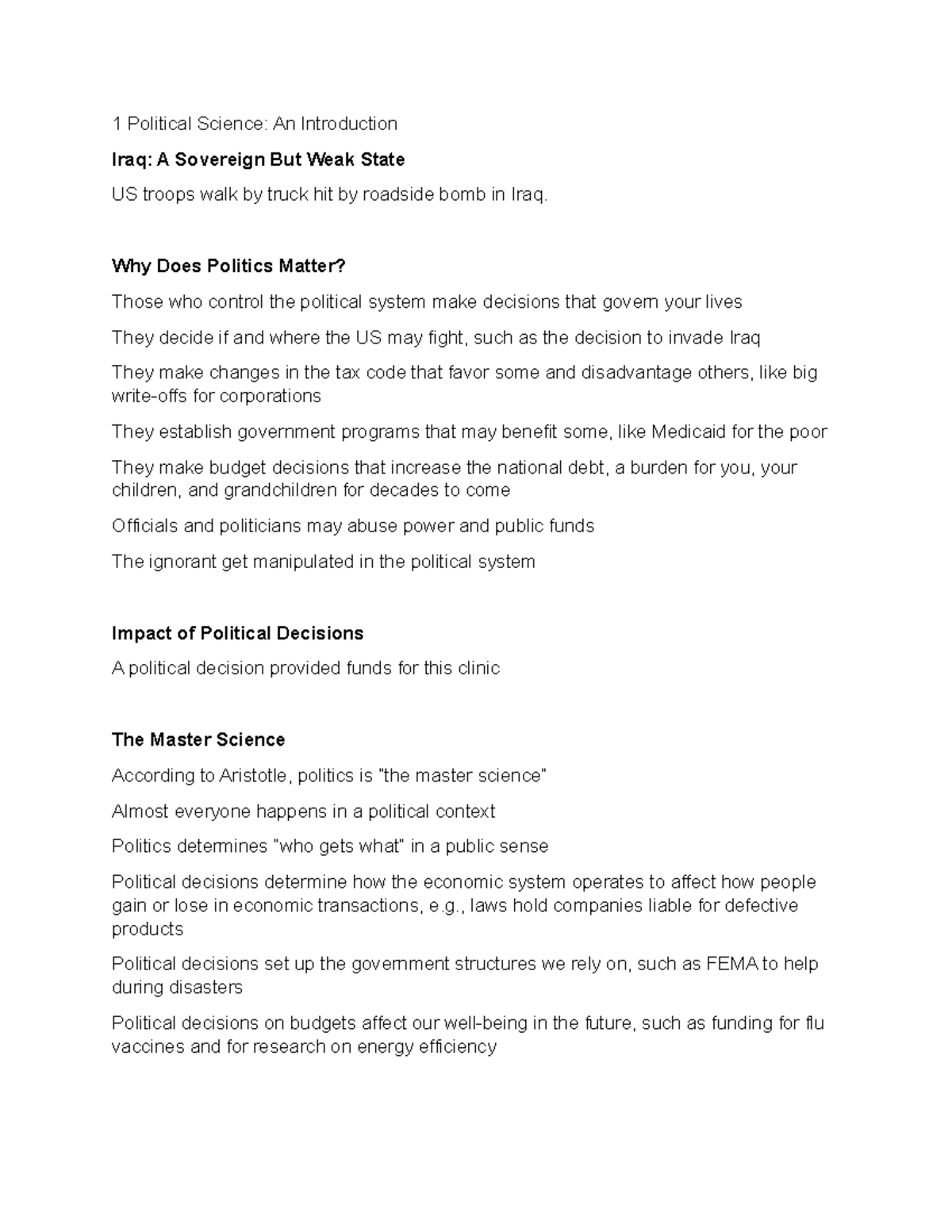 1 Political Science - summary of the lessons - 1 Political Science: An ...
