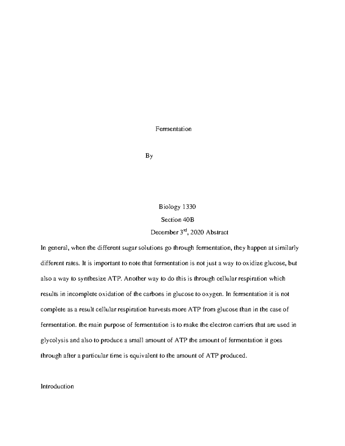 Fermentation paper Final format - Fermentation By Biology 1330 Section ...