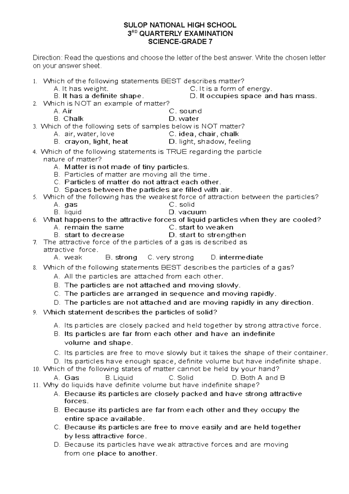 G8 exam - SULOP NATIONAL HIGH SCHOOL 3 RD QUARTERLY EXAMINATION SCIENCE ...