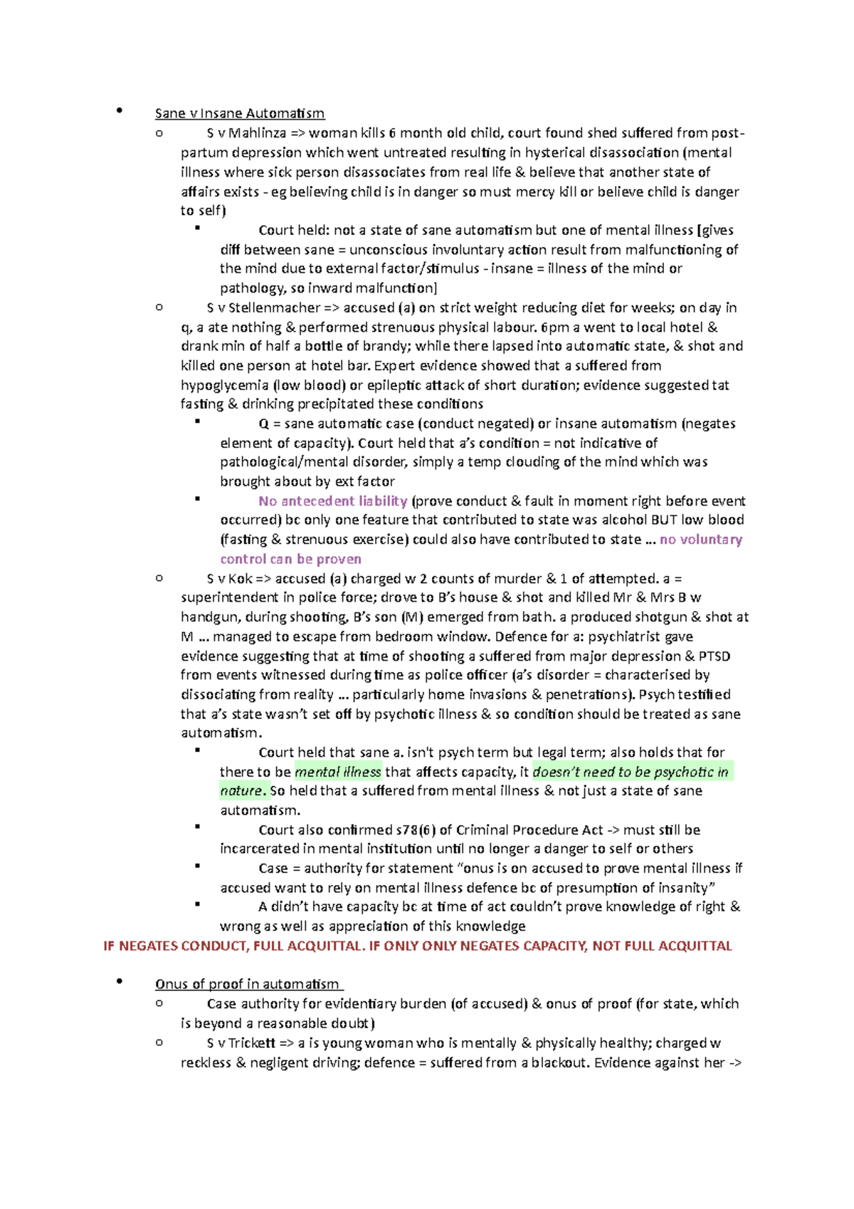 Crim notes - section of block 1 criminal law summary - Sane v Insane ...