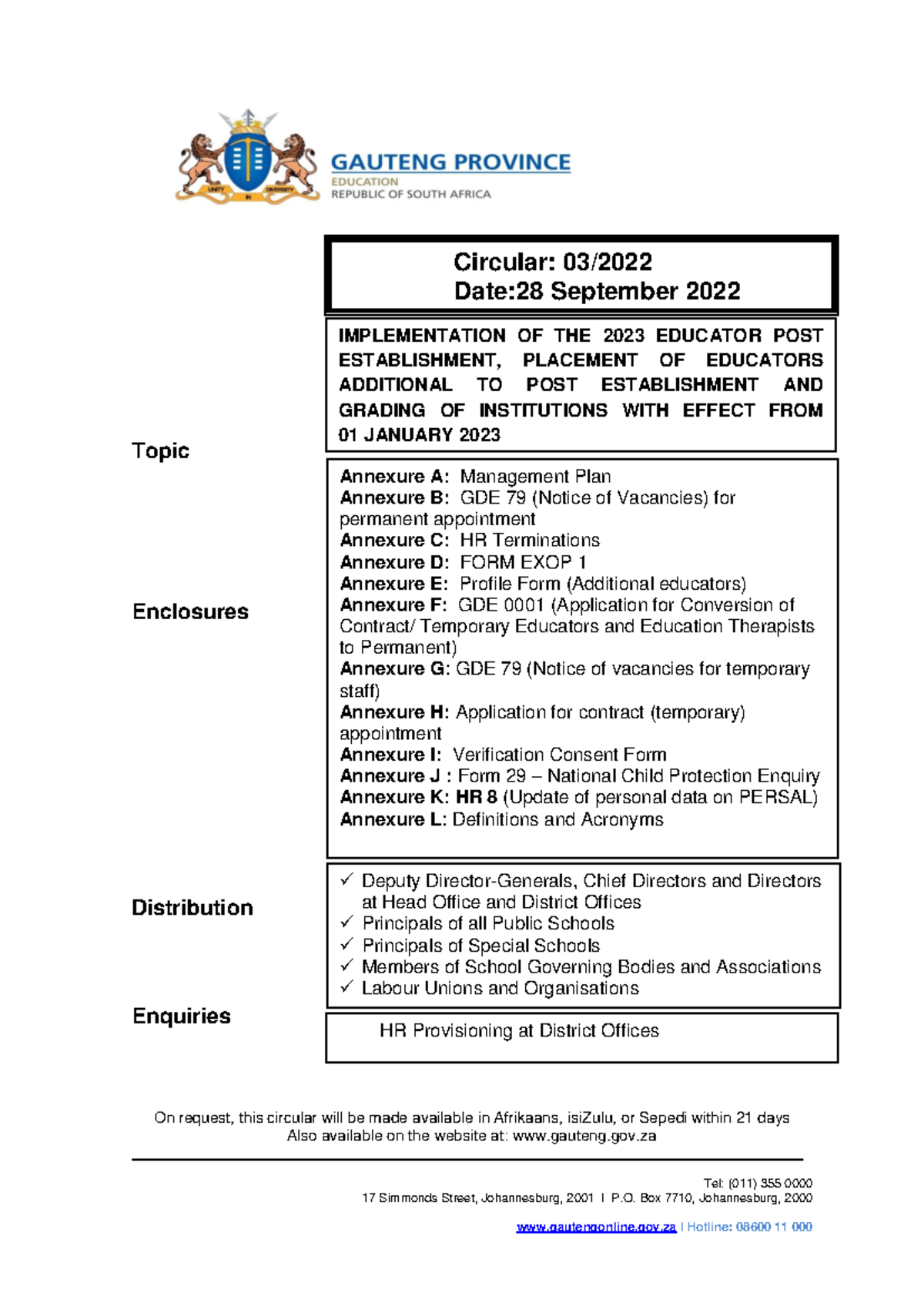 Circular 03 of 2022 - Implementation of the 2023 Educator post with ...