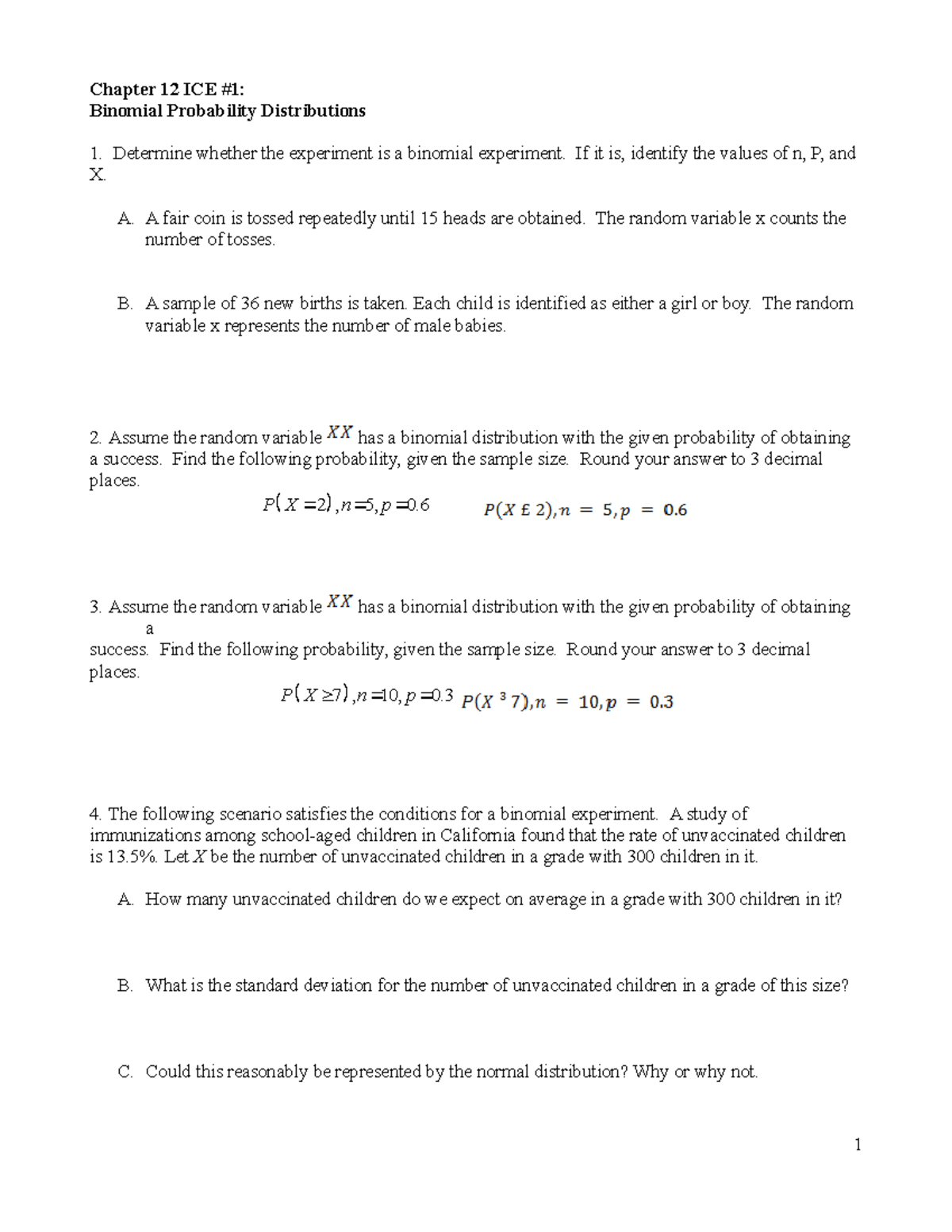 Ch 12 ICE 1 binomial - Chapter 12 ICE #1: Binomial Probability ...