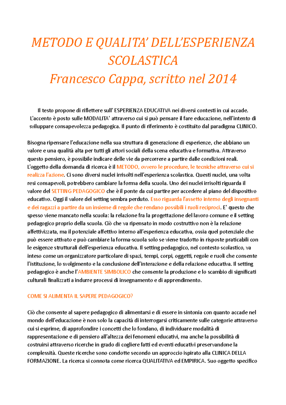 Metodo E Qualita' dell'Esperienza Scolastica - Cappa - METODO E ...