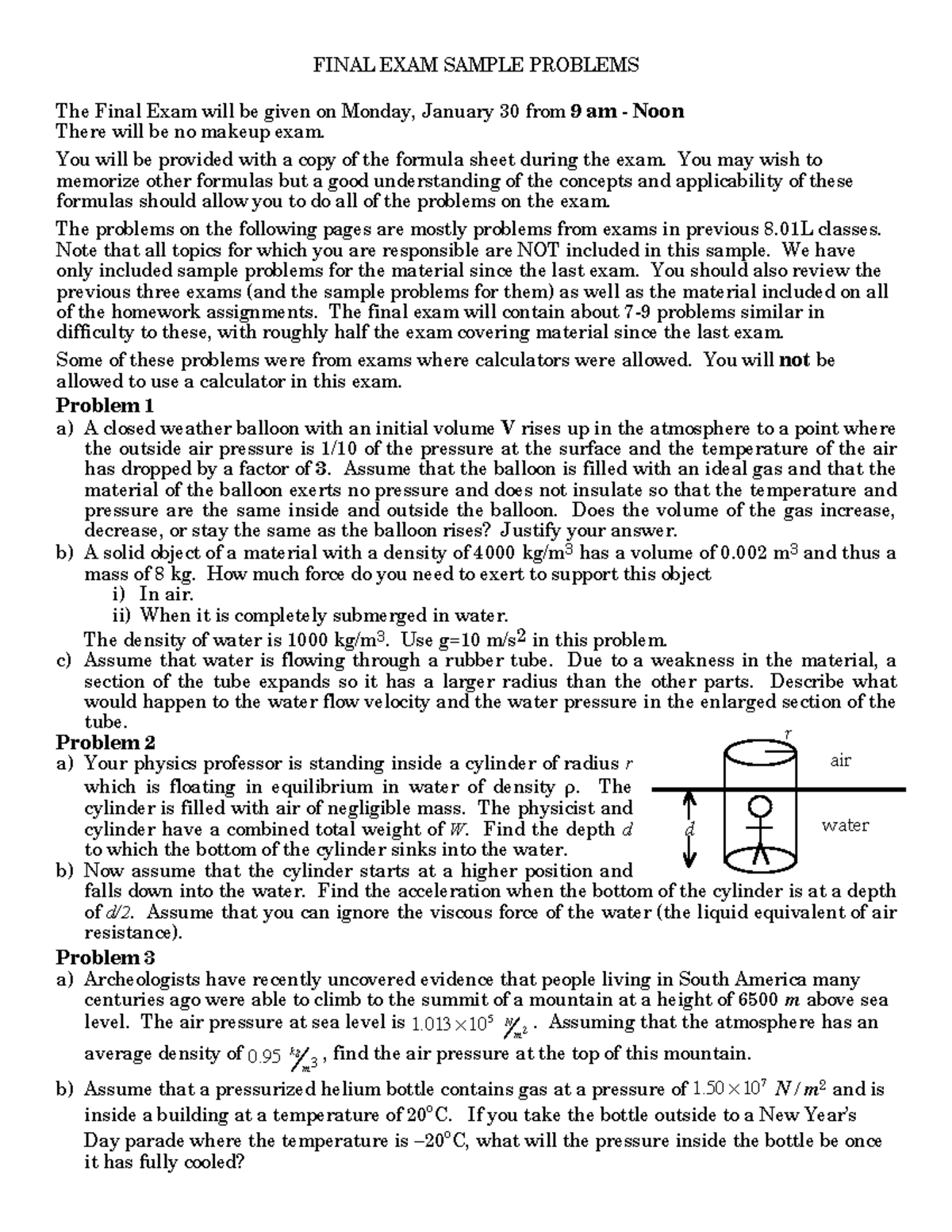 Physics 1 Final Exam Classical Mechanics - FINAL EXAM SAMPLE PROBLEMS T ...
