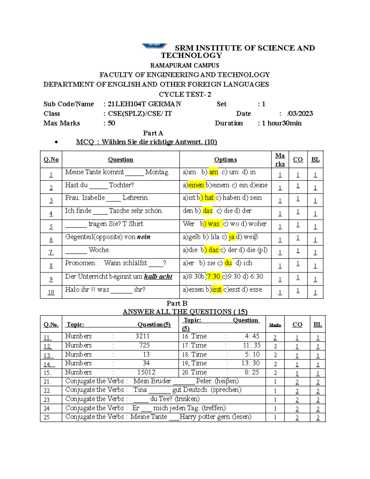 CT2 Blooms - SRM INSTITUTE OF SCIENCE AND TECHNOLOGY RAMAPURAM CAMPUS FACULTY OF ENGINEERING AND ...