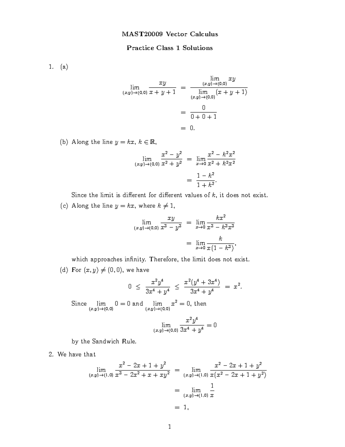 Tutorial 1 Solns - 2020 semester 2 solutions - MAST20009 Vector ...