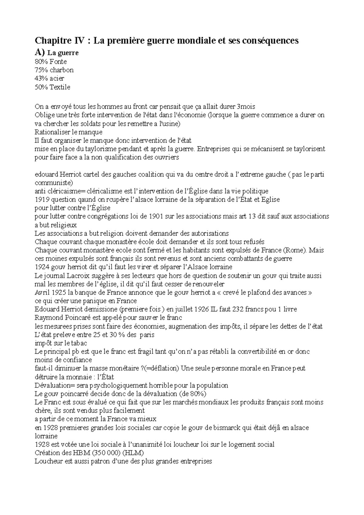 Chapitre IV HES - Chapitre IV : La première guerre mondiale et ses conséquences A) La guerre 80% ...