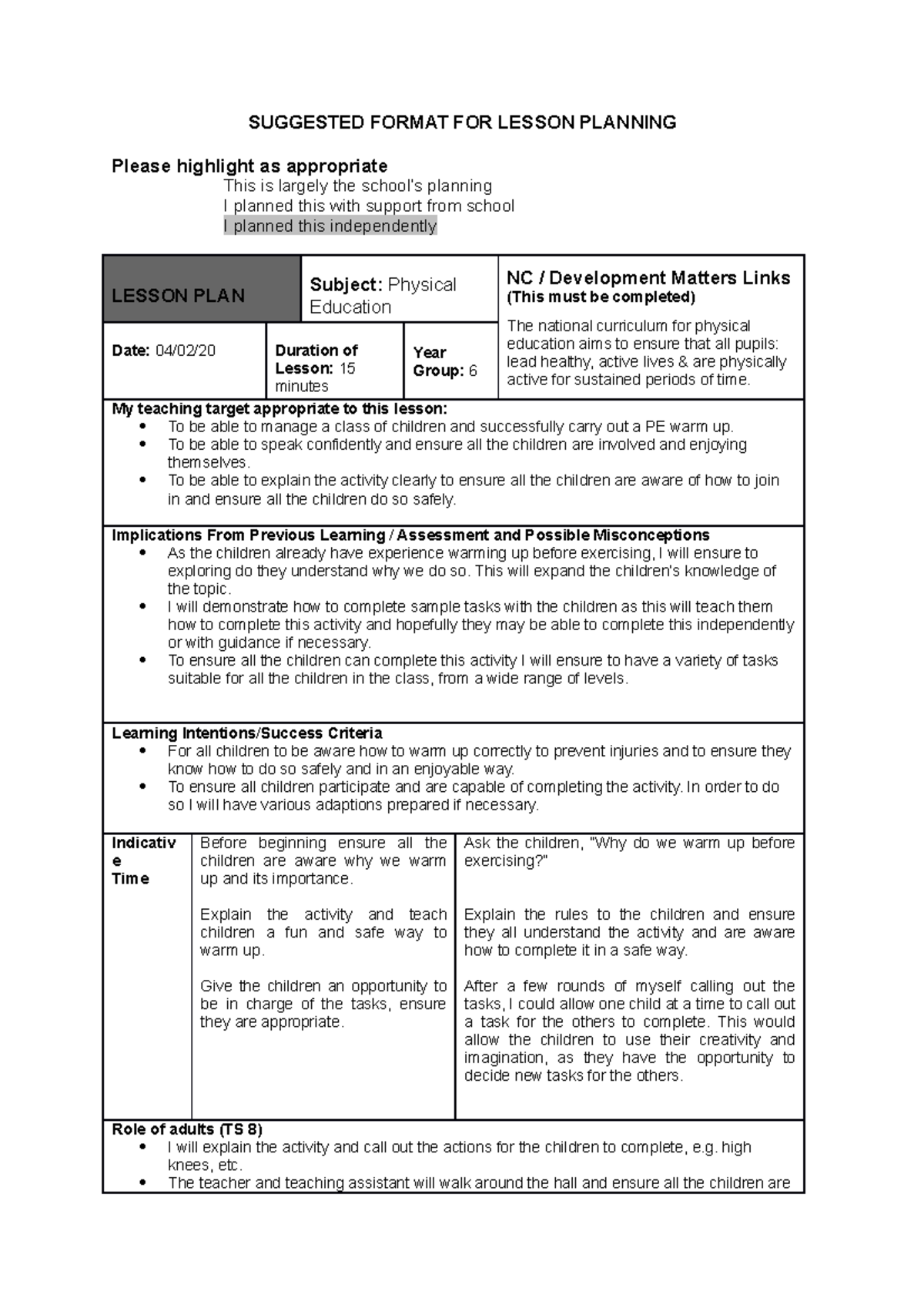 Lesson Plan with PE warm up - SUGGESTED FORMAT FOR LESSON PLANNING ...