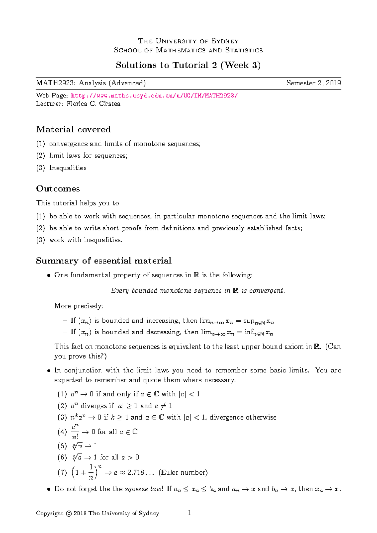 Tut02s - Tutorial 2 solutions - The University of Sydney School of ...