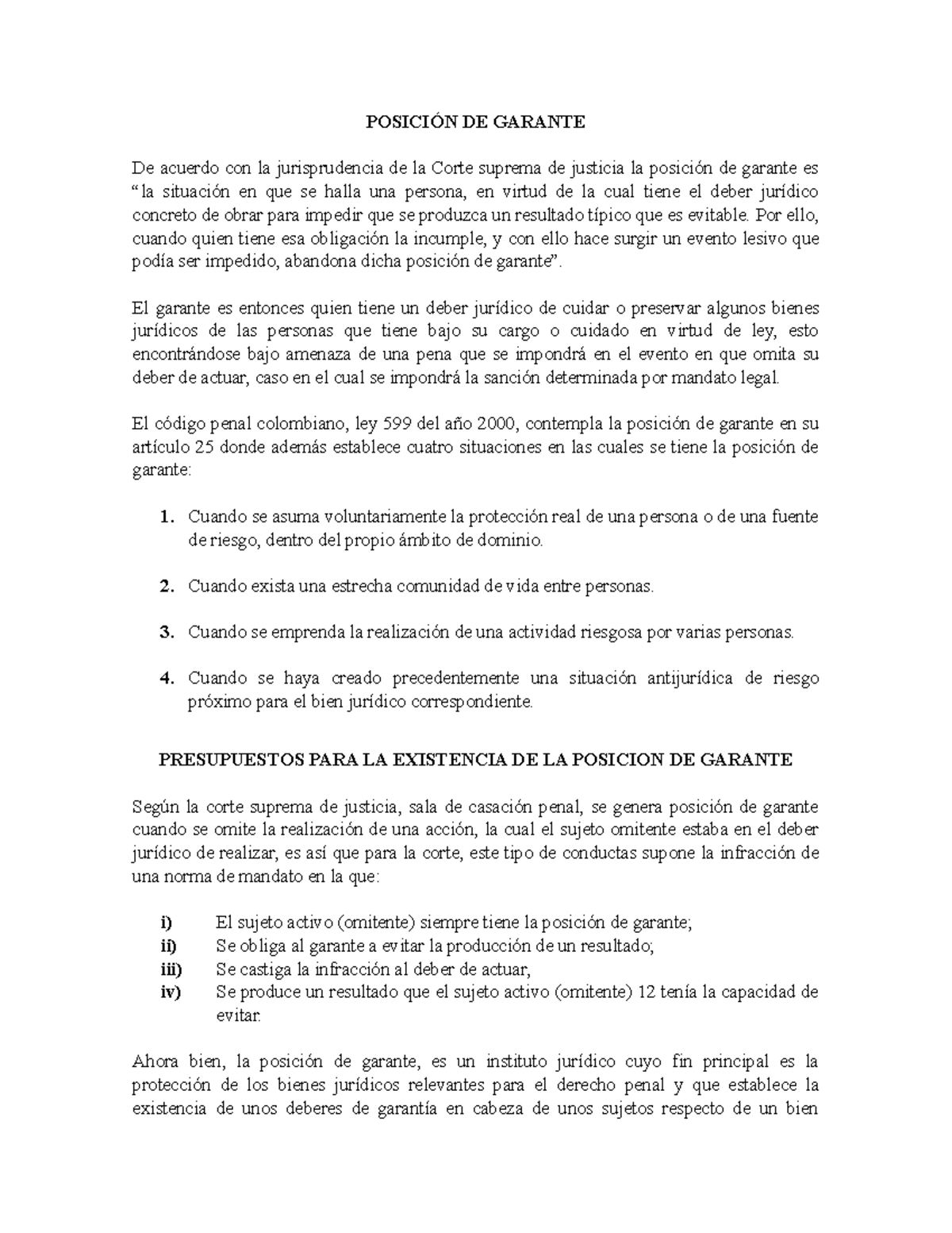 Actividad Posición de Garante - POSICIÓN DE GARANTE De acuerdo con la ...