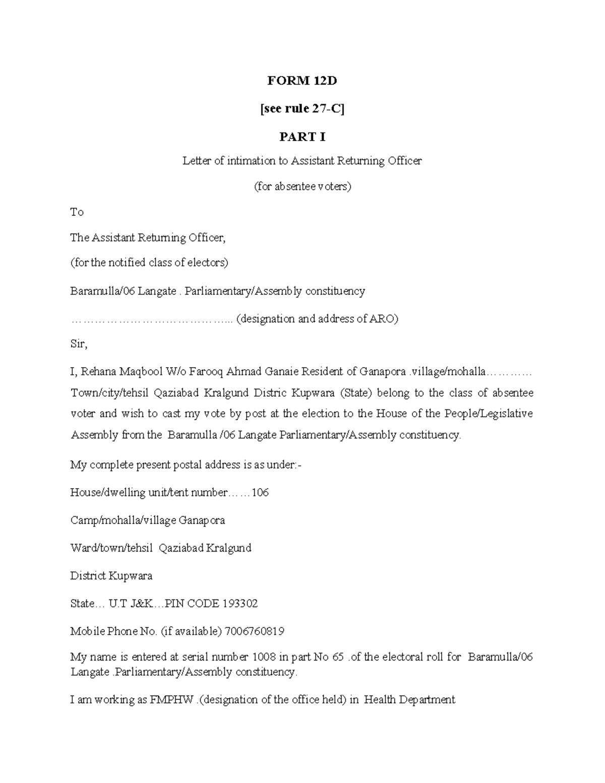 FORM 12D - FORM 12D [see rule 27-C] PART I Letter of intimation to ...