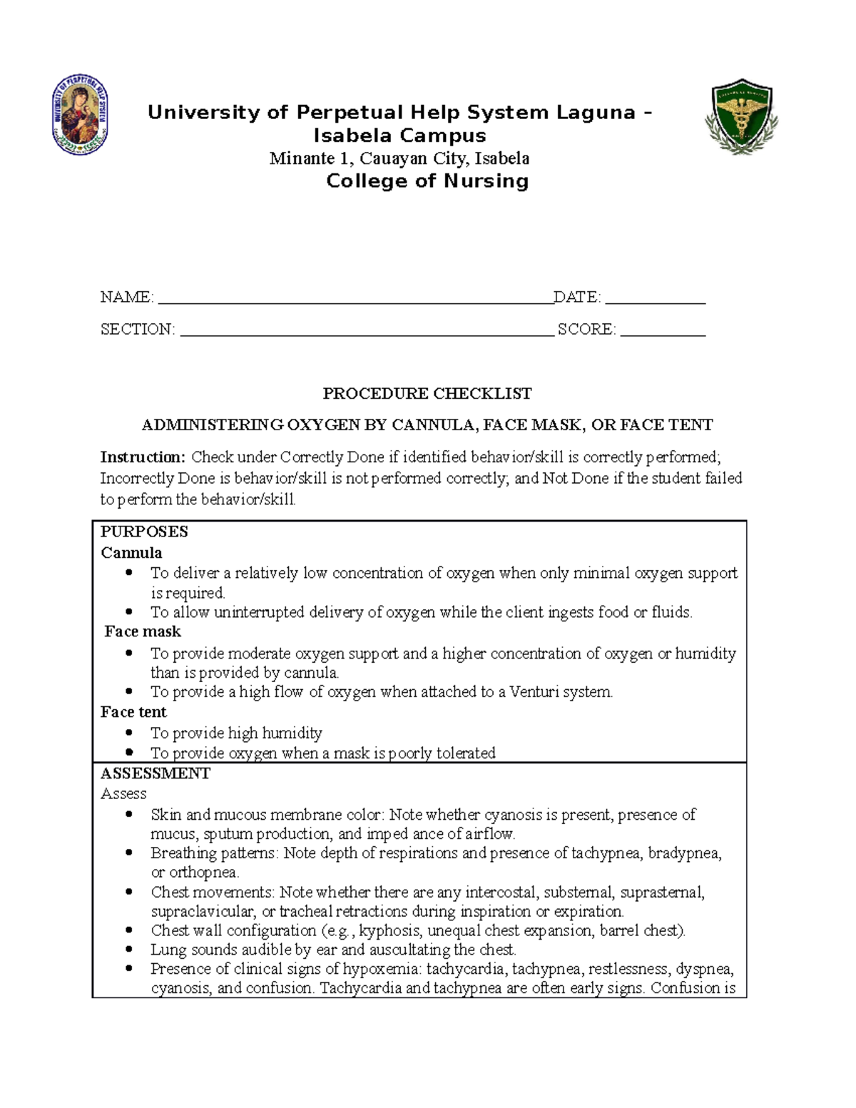 Administering Oxygen BY Cannula, FACE MASK, OR FACE TENT - University ...