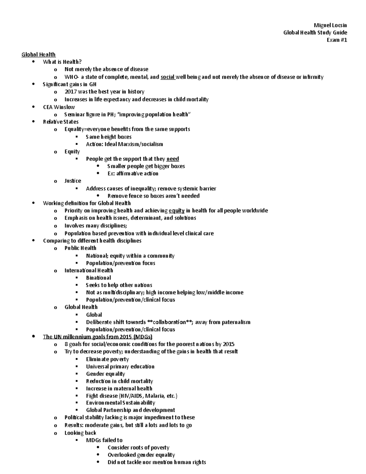 Exam 1 GH Guide - Miguel Locsin Global Health Study Guide Exam # Global ...