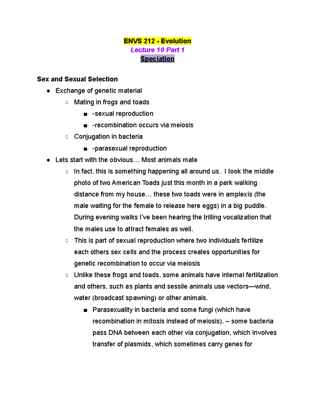 ENVS 212 Lecture 10 Part 1 - Spring 2020 - ENVS 212 - Evolution Lecture 10 Part 1 Speciation Sex ...