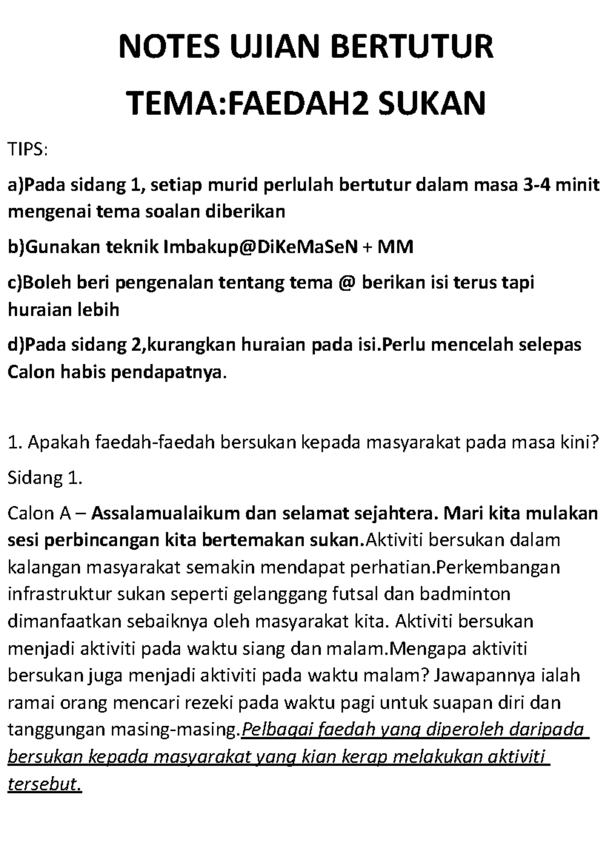 Notes Ujian Bertutur Sukan 1 - NOTES UJIAN BERTUTUR TEMA:FAEDAH2 SUKAN ...