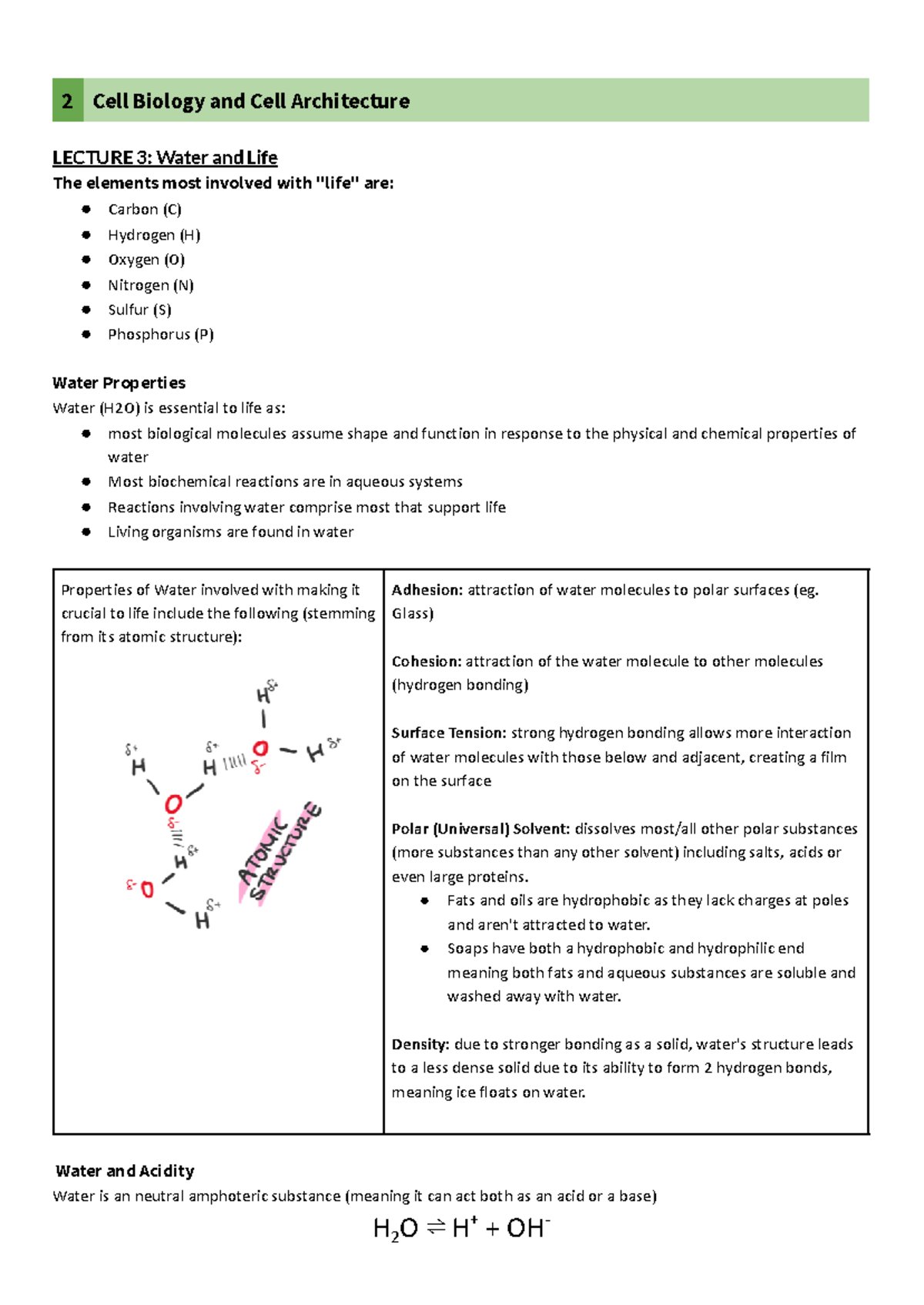 Week 2 Notes - Water & Cell Structure (Lectures 3 - 5) - 2 Cell Biology ...