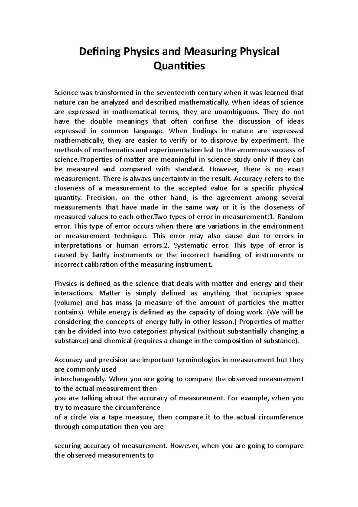 Defining Physics and Measuring Physical Quantities - Defining Physics and Measuring Physical ...