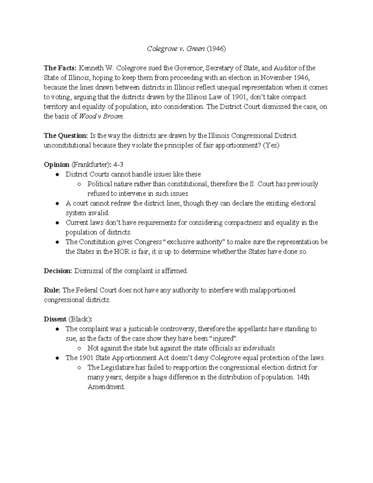 Colegrove v. Green Brief - Colegrove v. Green (1946) The Facts: Kenneth ...