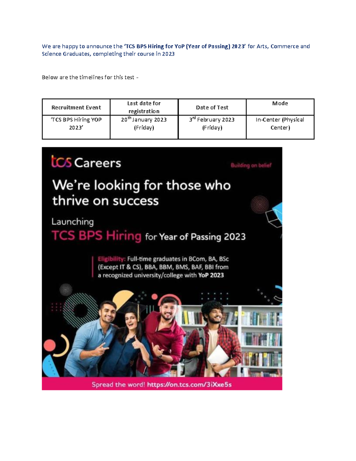 TCS Recruitment - Batch 2023 - We are happy to announce the ‘TCS BPS ...
