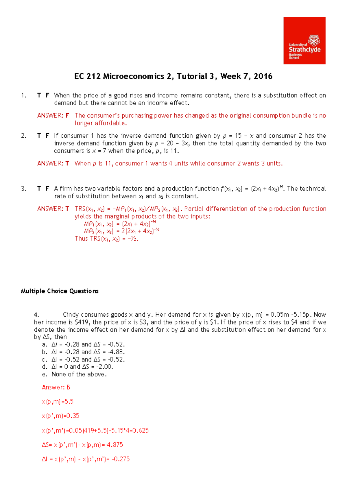 EC 212 Tutorial 3 (week 7) with Answers - - Studocu