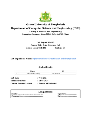 Quick Sort - lab report - Green University of Bangladesh Department of ...