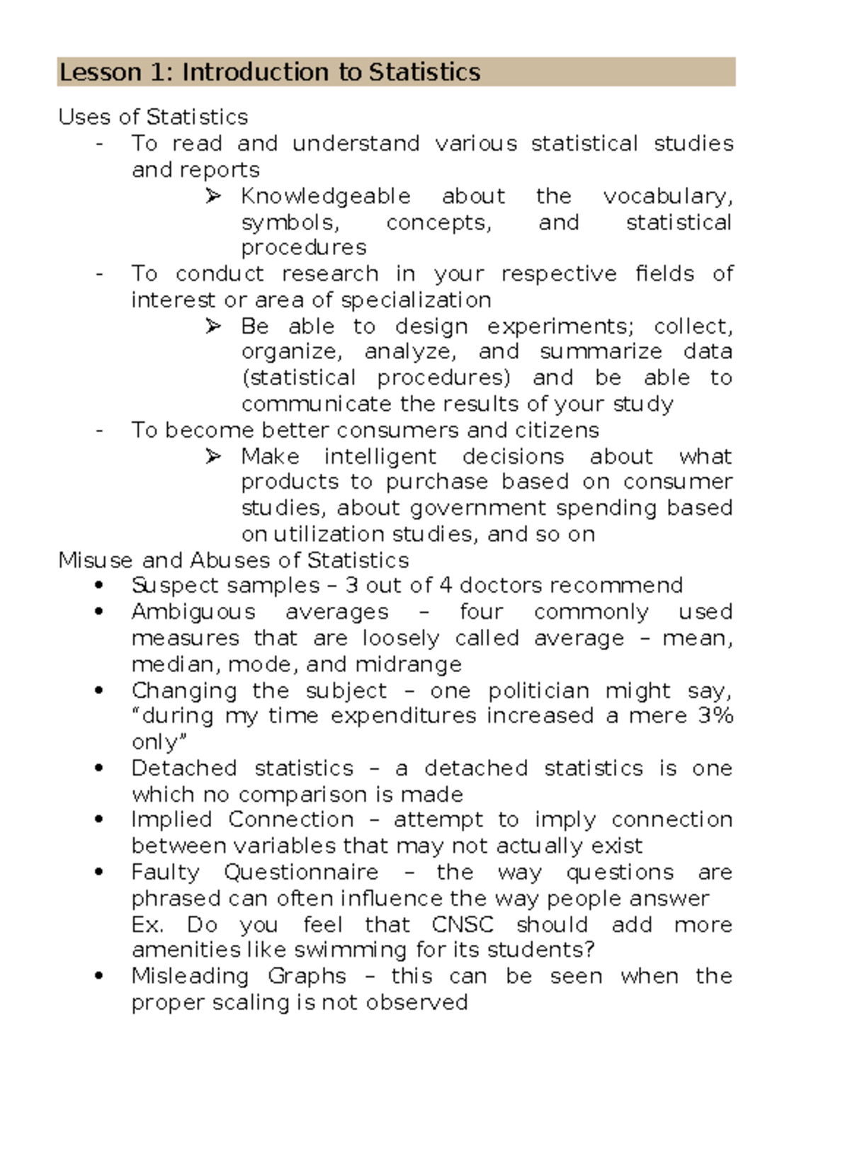 Stats - Statistics notes - Lesson 1: Introduction to Statistics Uses of ...