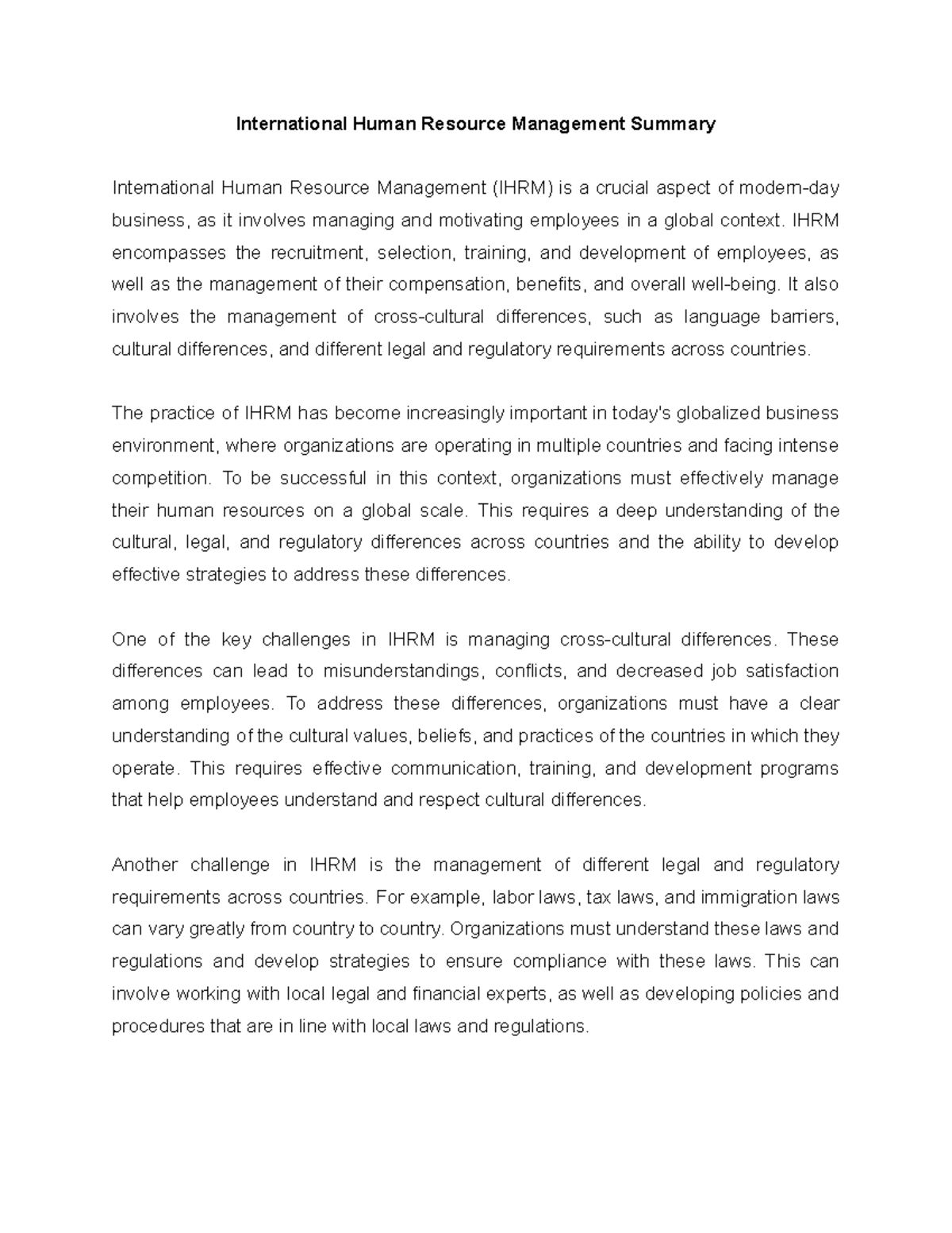 International Human Resource Management Summary Managing The Sales ...