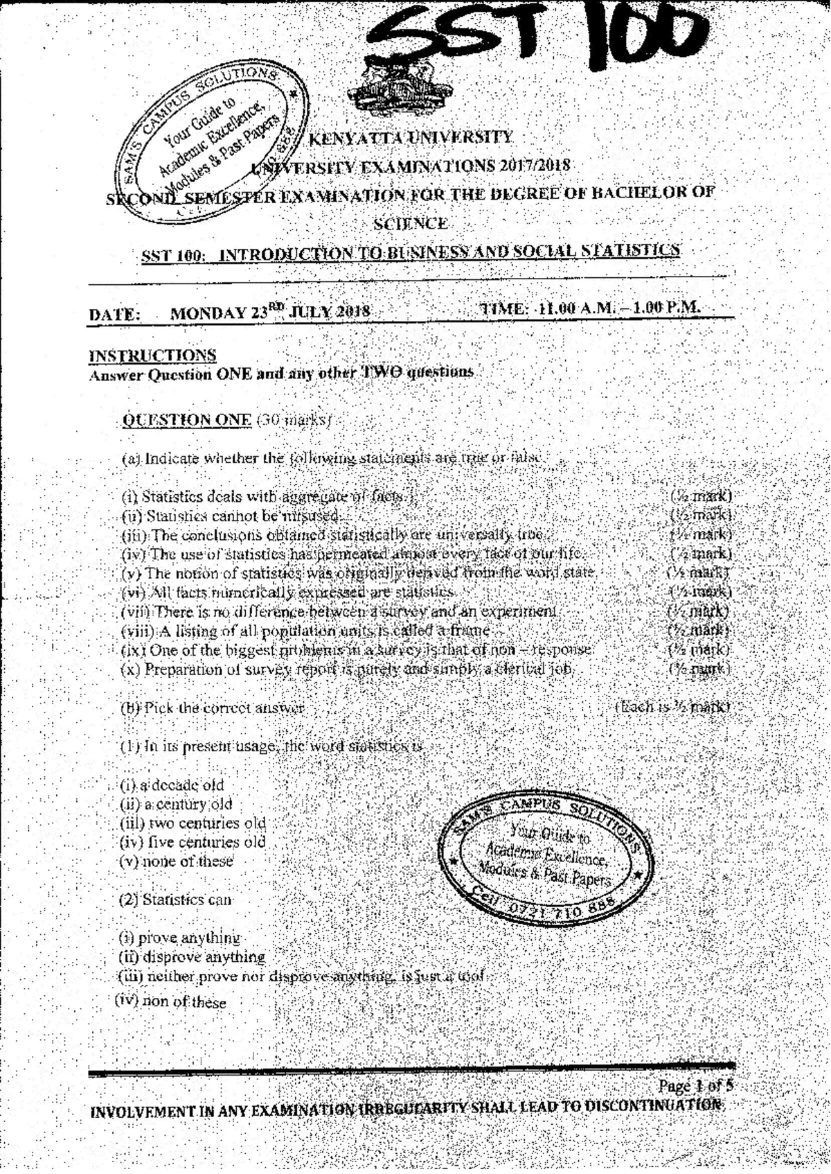 SST 100 BY George Kevin WISE - introduction to statistics - Studocu
