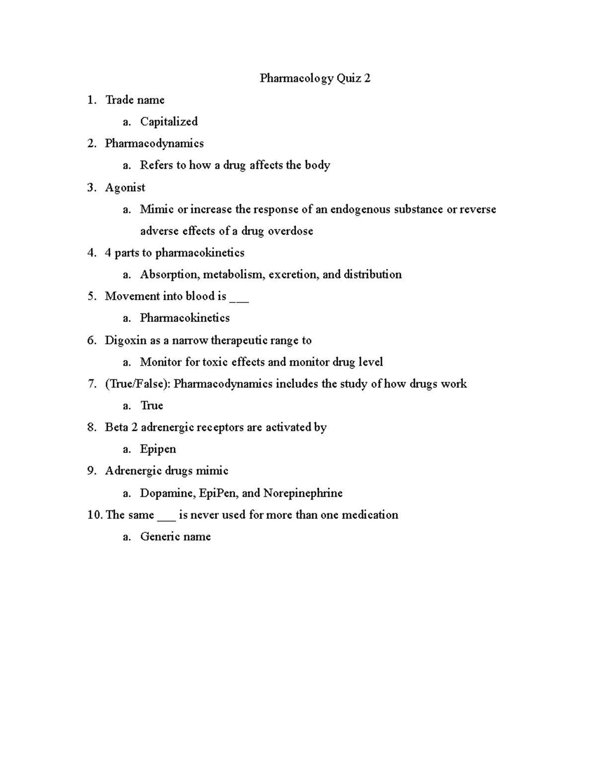Pharmacology quiz 2 - Pharmacology Quiz 2 Trade name a. Capitalized ...
