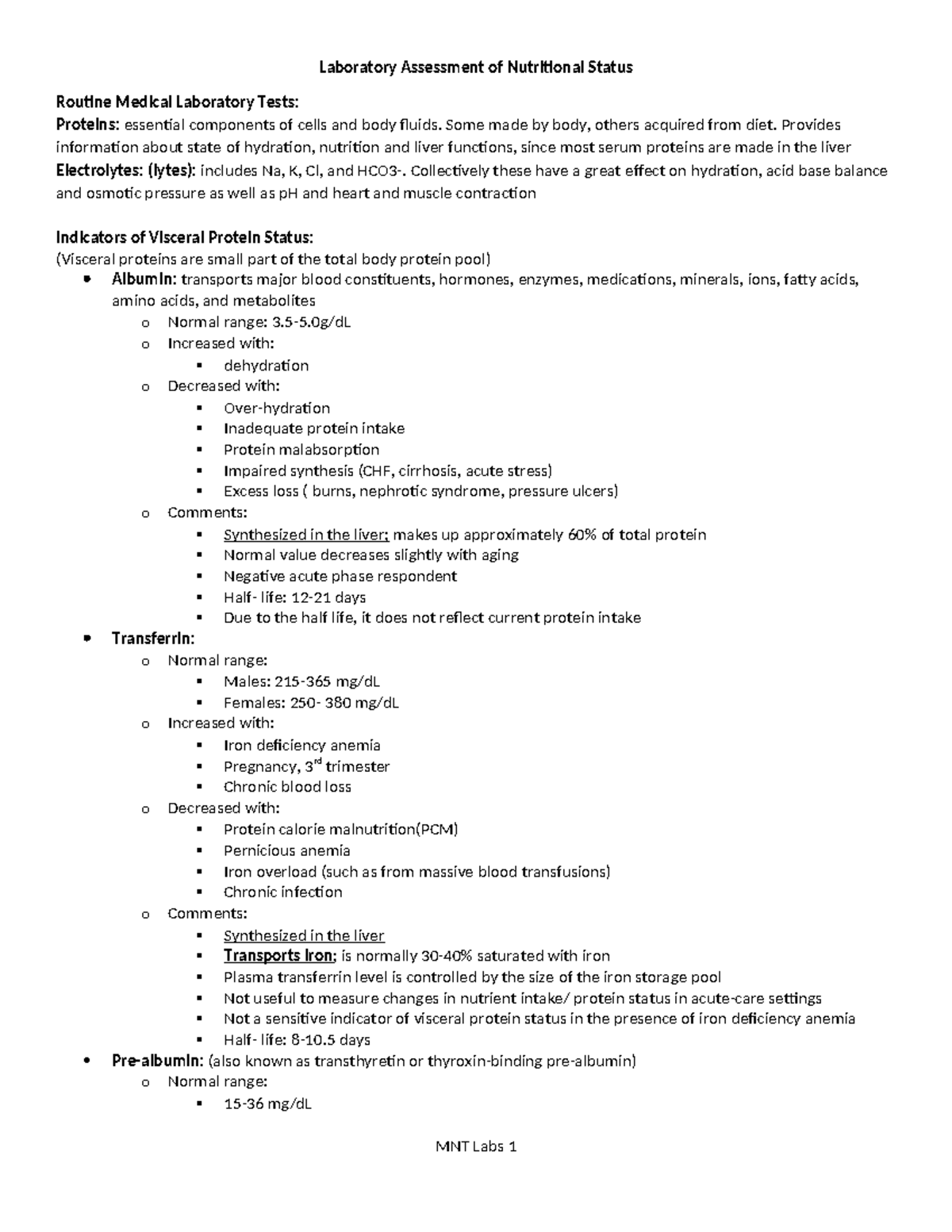 Exam Guide MNT Lab - Laboratory Assessment of Nutritional Status ...