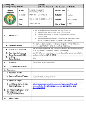Lesson Exemplar English 2 Prepositions - PIVOT 4A LESSON EXEMPLAR FOR ...