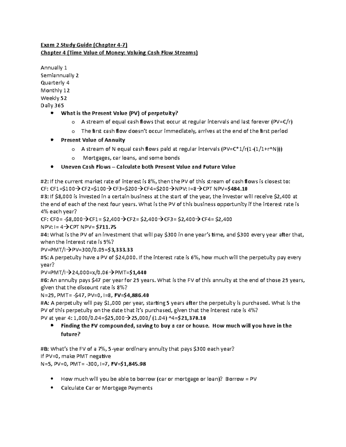 FIN Exam 2 Study Guide - Time value of money: valuing cash flow streams ...