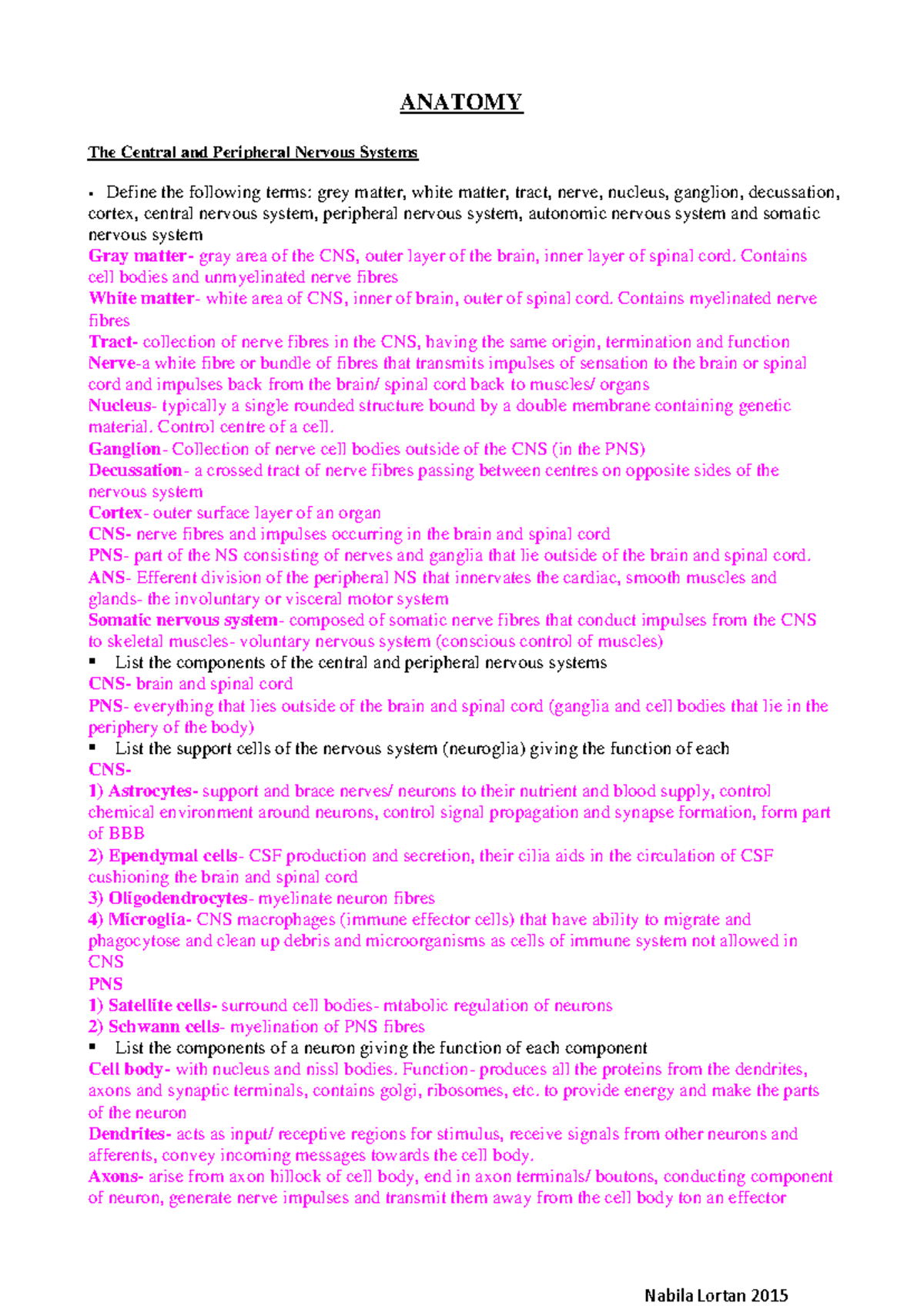 Anat WAPT summary CNS, PNS and Special Senses 015805 - ANATOMY The ...