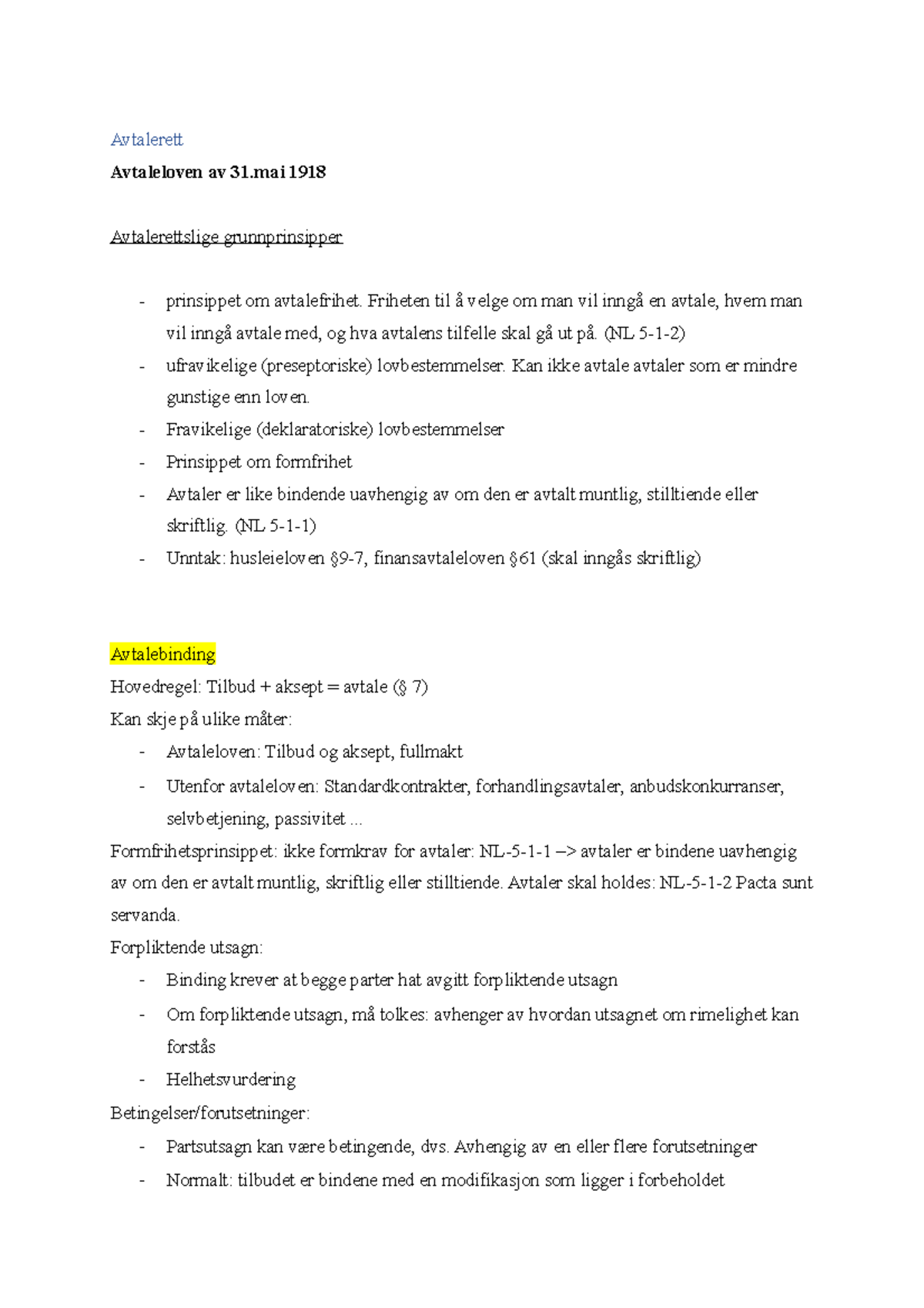 Notater-avtalerett - Forelesningsnotater 1,2-4 - Avtalerett Avtaleloven av 31 1918 ...
