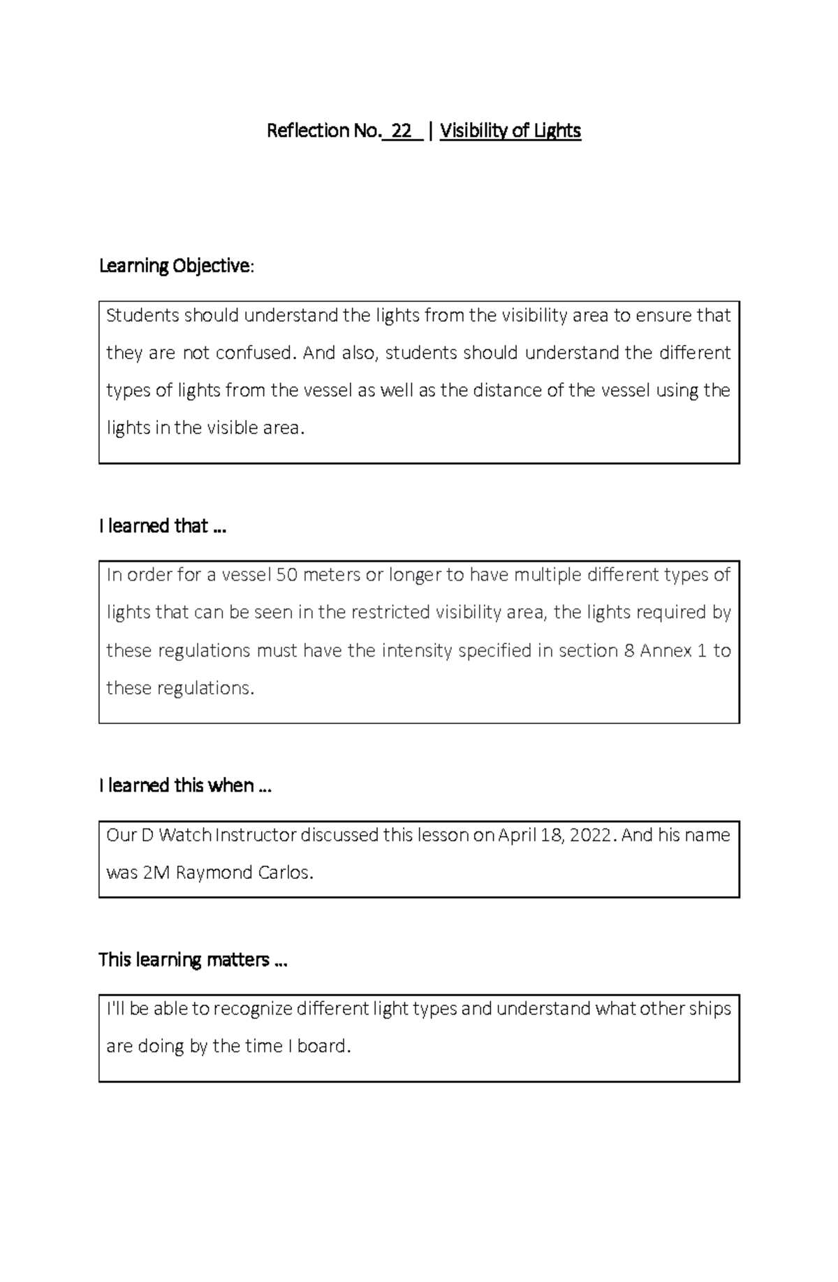 Rule 22 Reflection - Reflection No._ 22 _ | Visibility of Lights ...