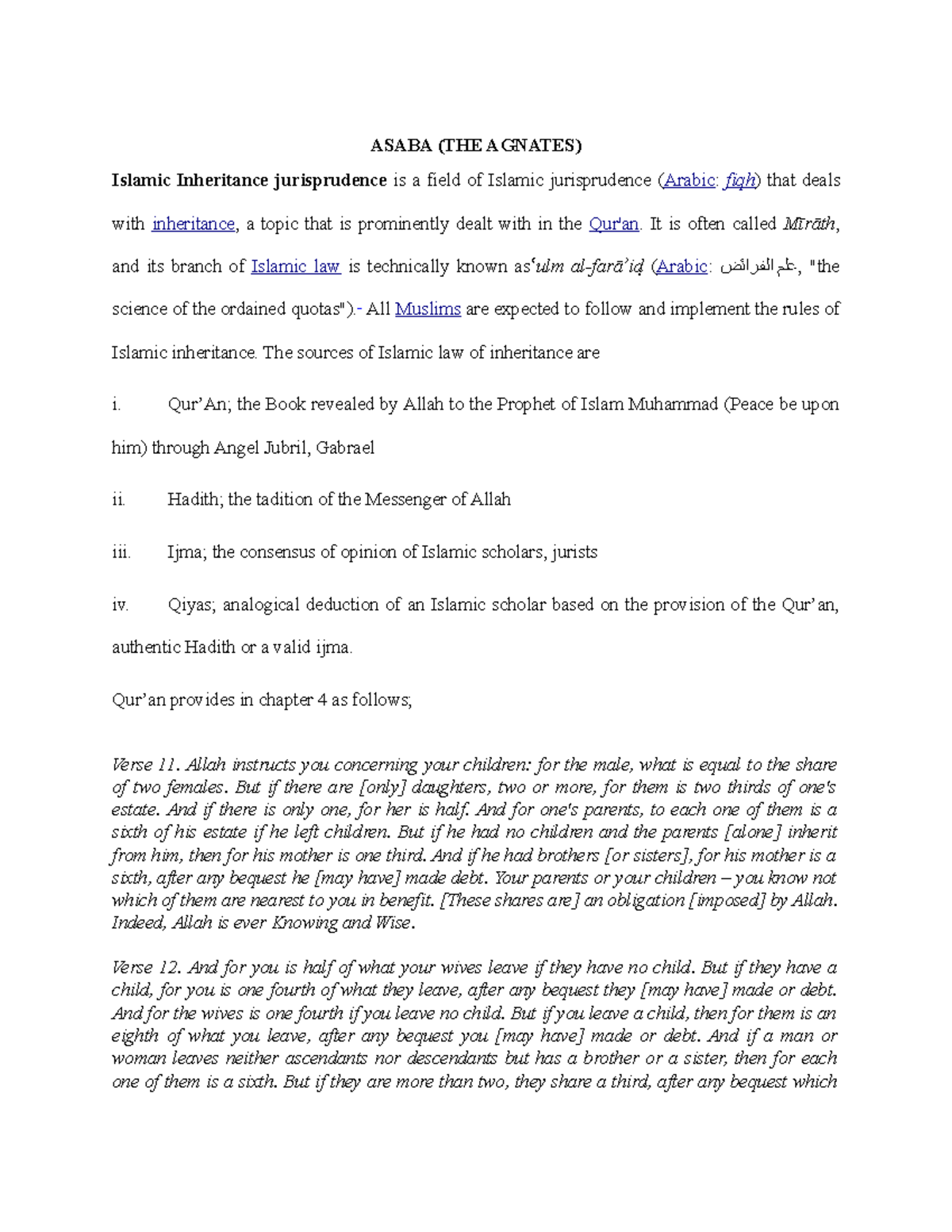 Notes ON Asaba (Agnatic heirs) - ASABA (THE AGNATES) Islamic ...