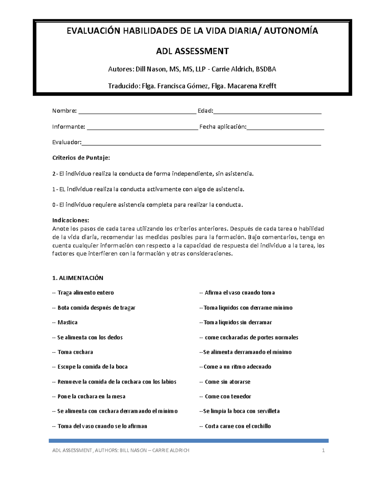 ADL Assessment Espanol - Nombre ...