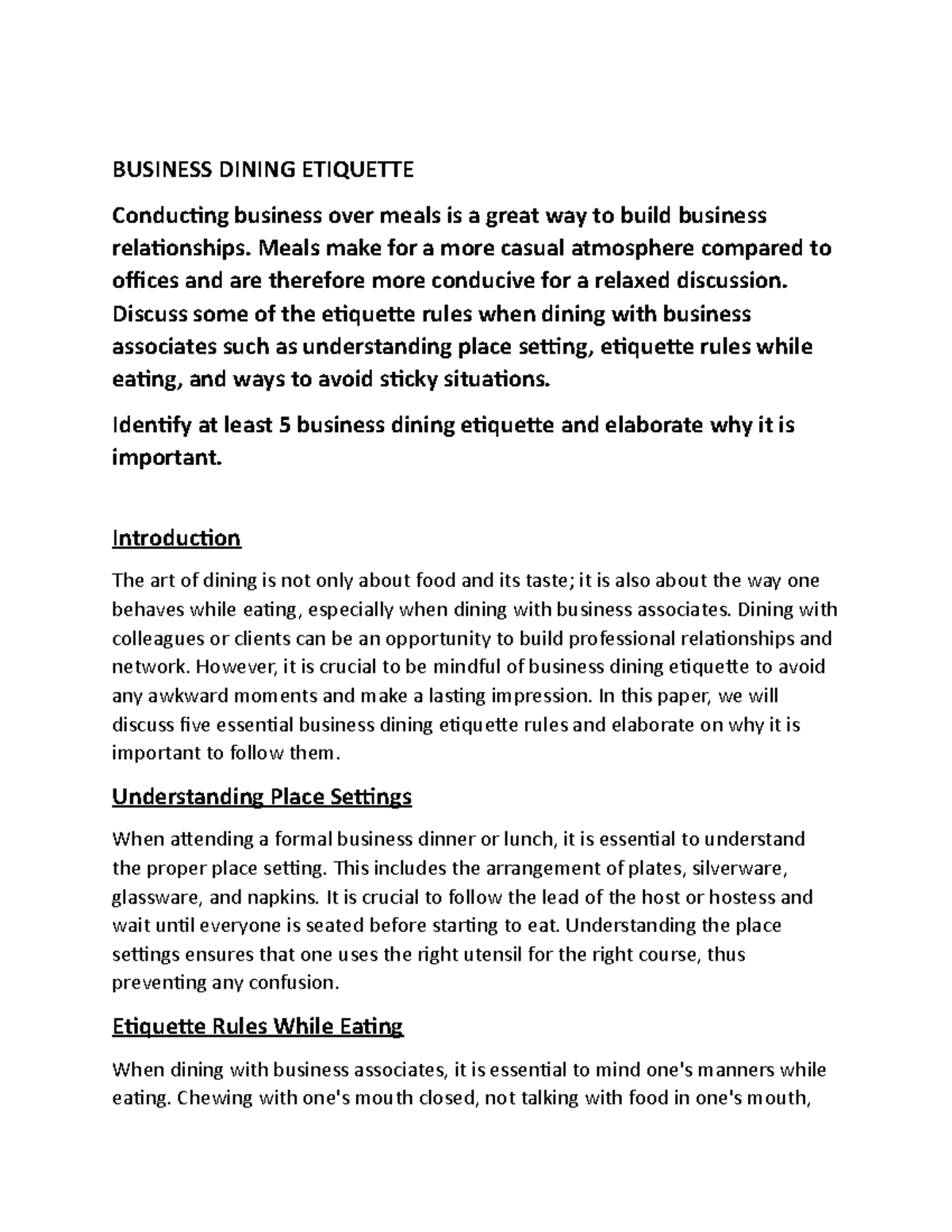 Business dining etiquettes - BUSINESS DINING ETIQUETTE Conducting ...