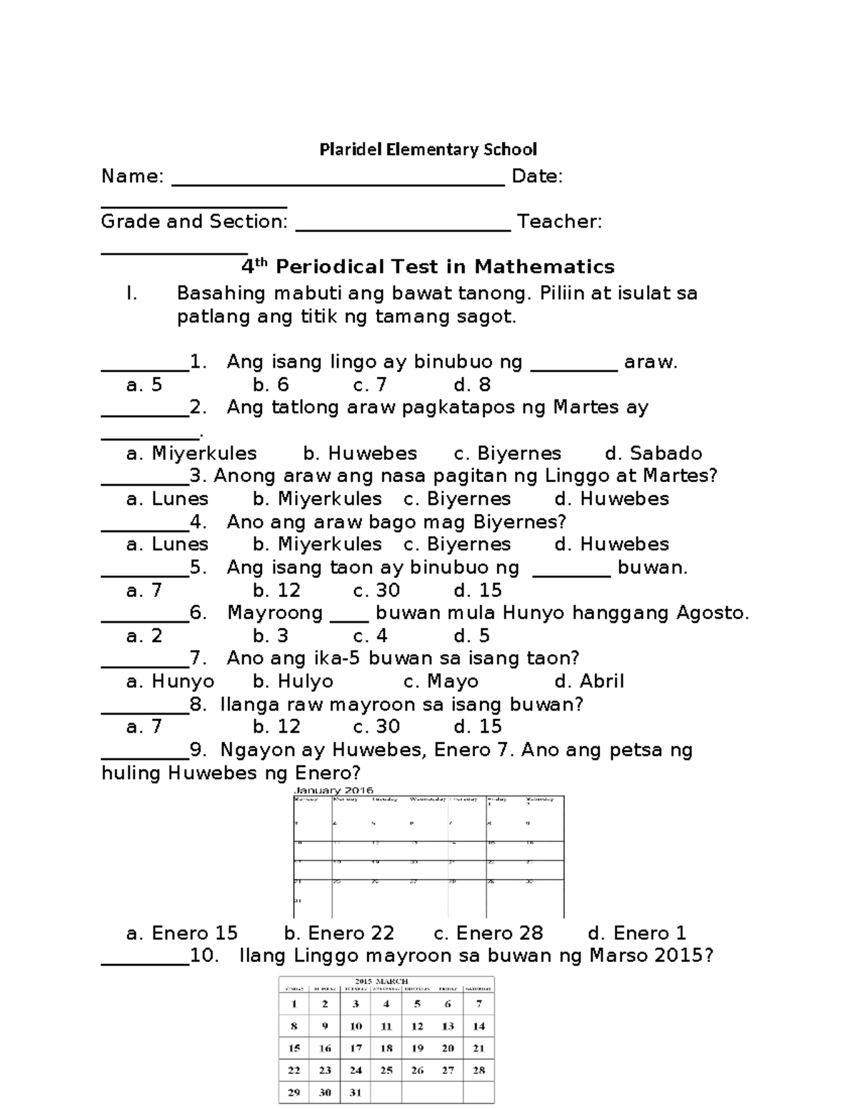 PT Mathematics 1 - Q4 V1 - MATH - Plaridel Elementary School Name ...