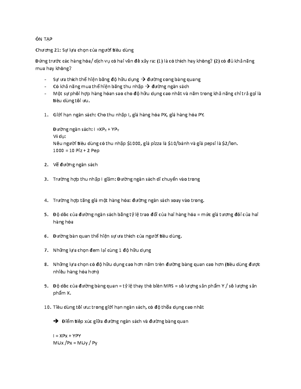 Tóm tắt - kinh tế vi mô - ÔN T PẬ Ch ương 21: S ự ựl a ch n c a ng ọ ủ ười têu dùng Đ ứng tr ước ...