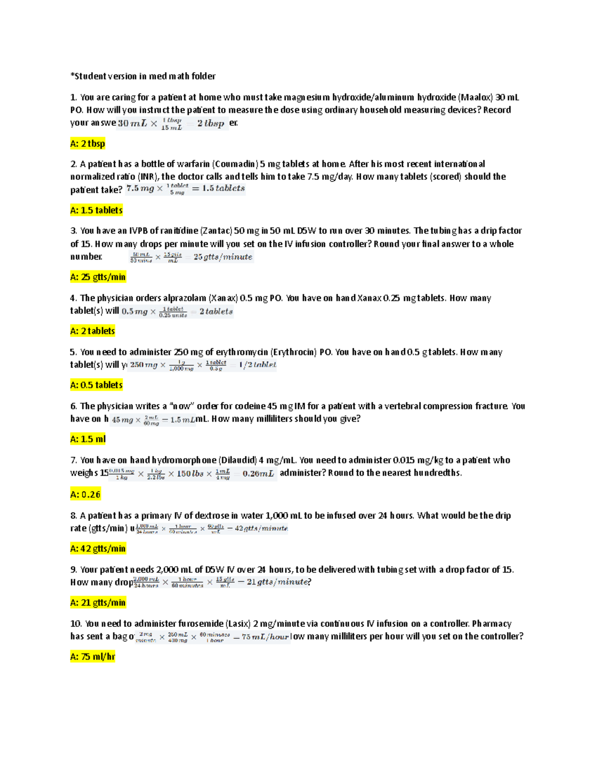 Med math poractice questions (2) answer key - *Student version in med ...