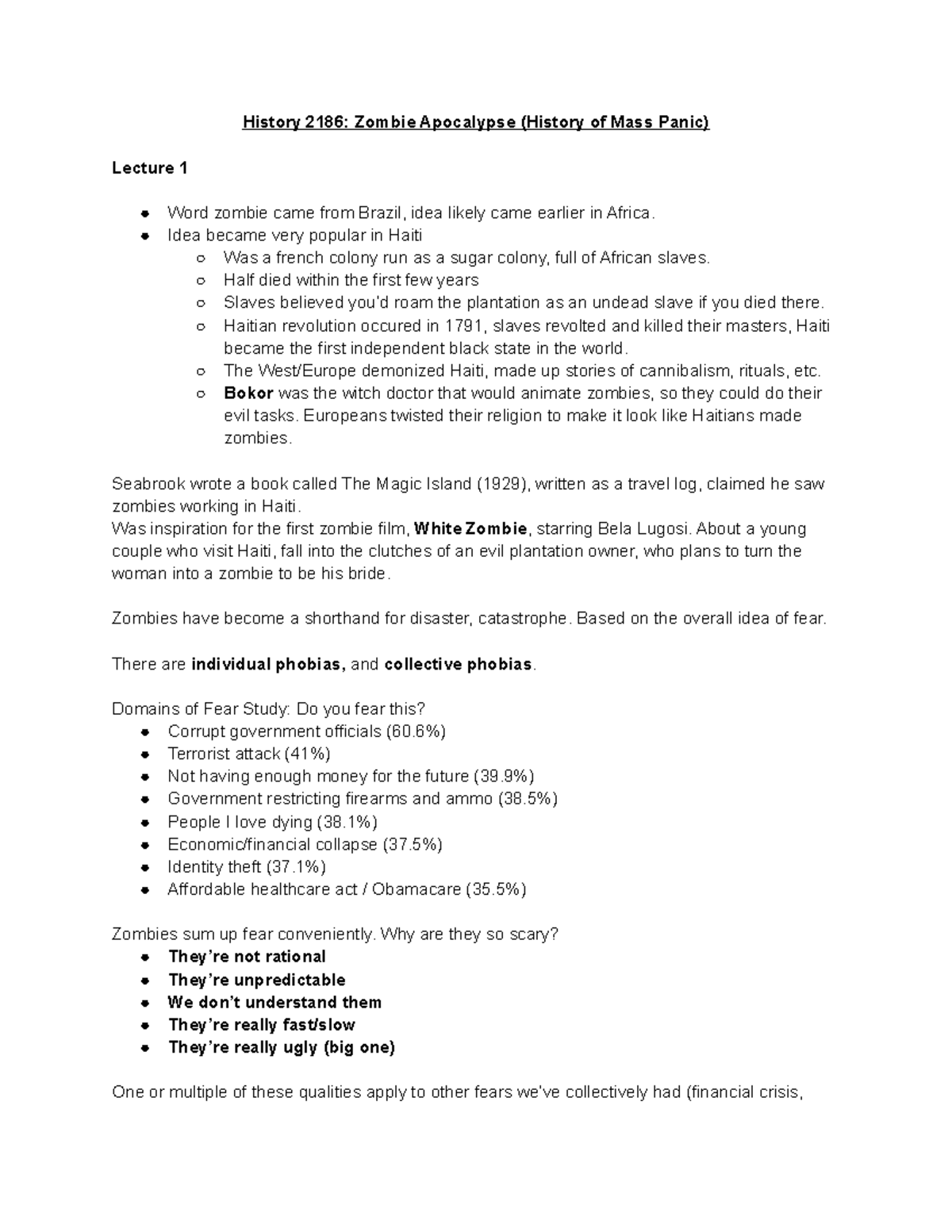 Zombie Apocalypse - Lecture notes 1-7 - History 2186: Zombie Apocalypse ...