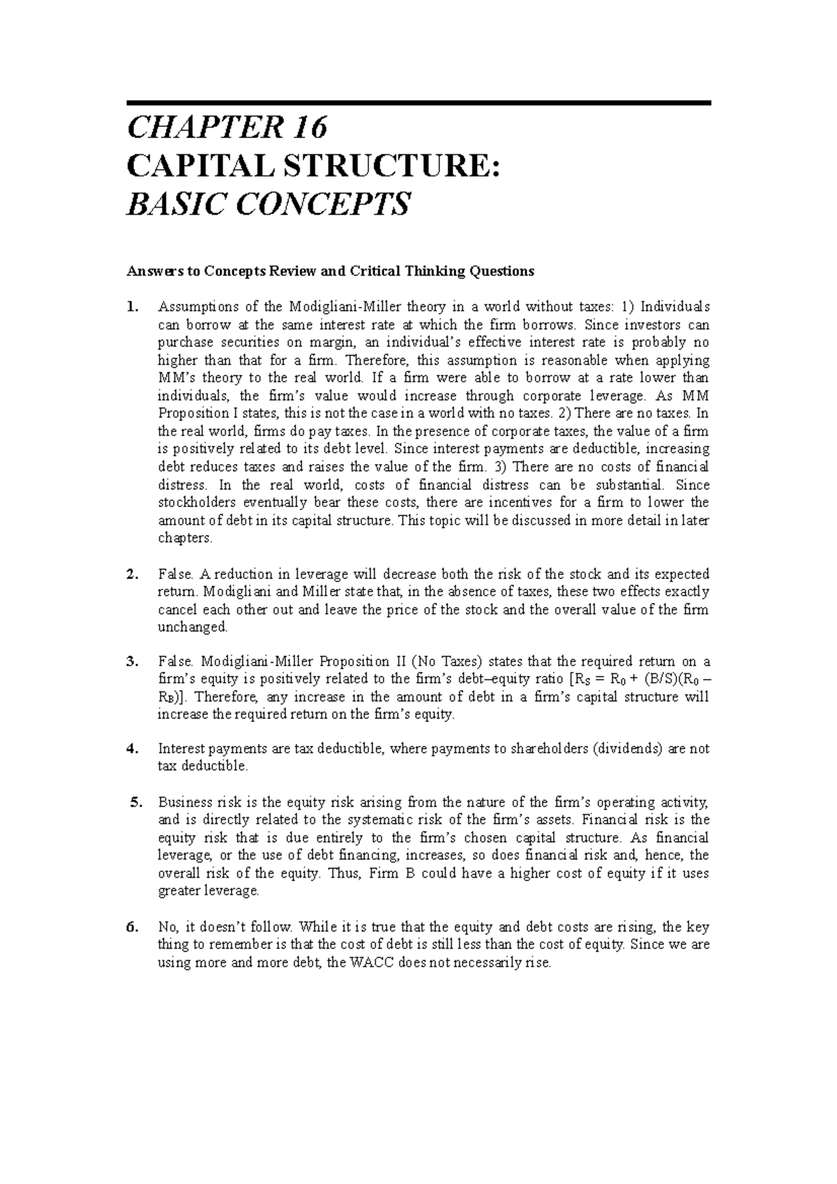 Chapter 16 - cxvbn - CHAPTER 16 CAPITAL STRUCTURE: BASIC CONCEPTS Answers to Concepts Review and ...