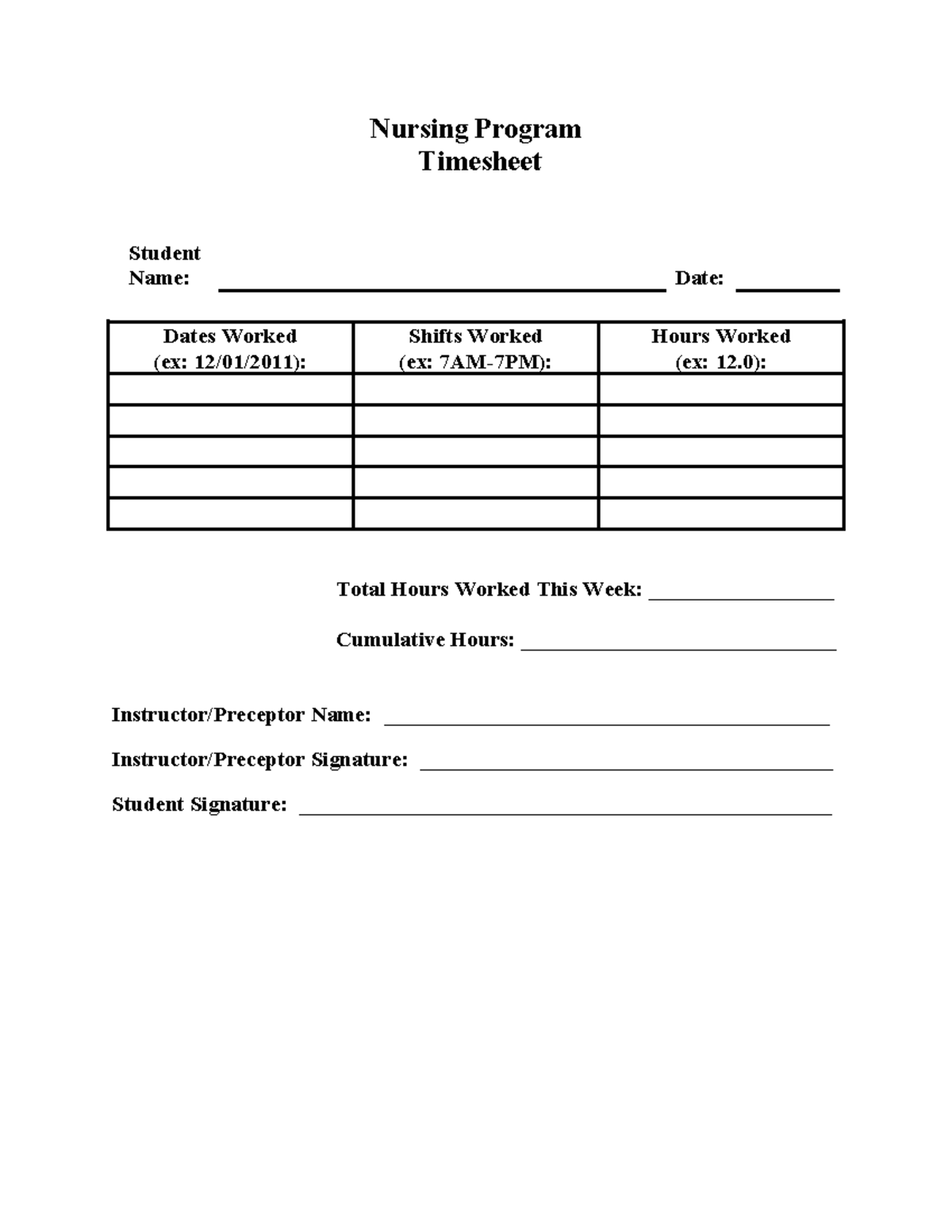 5 Weekly Timesheet stu - Nursing Program Timesheet Student Name: Date ...