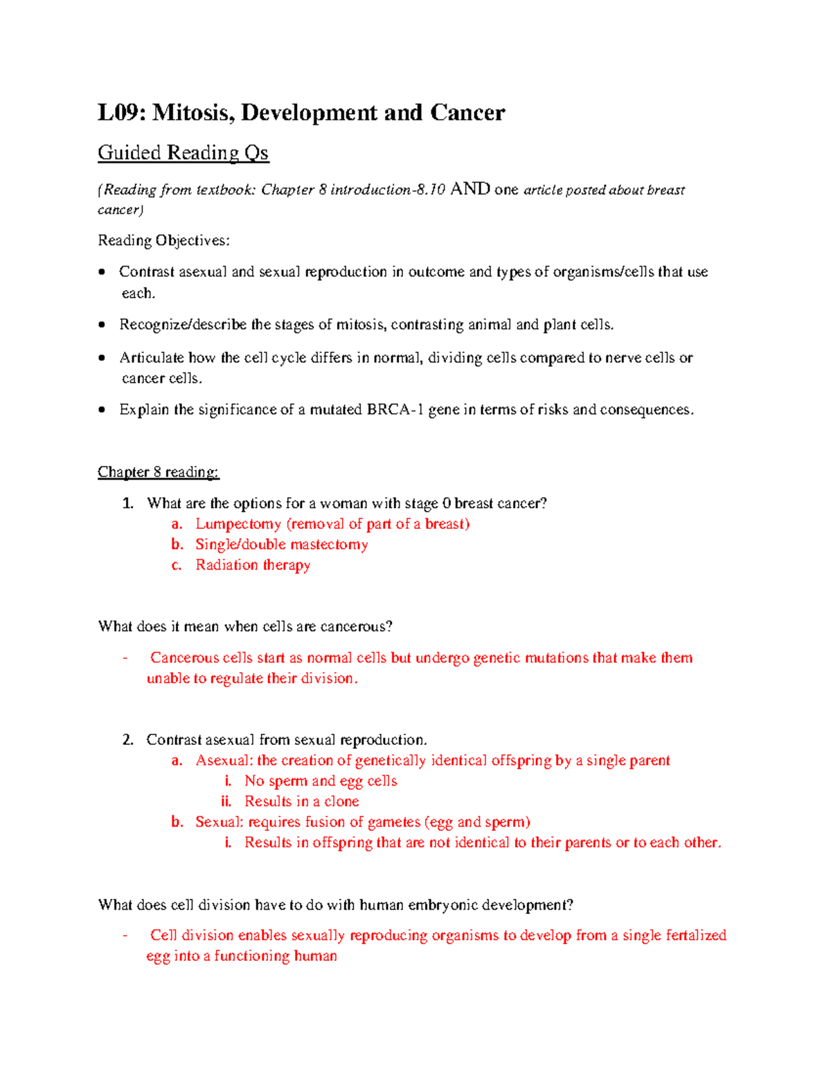 Bio guided reading 9 - L09: Mitosis, Development and Cancer Guided ...