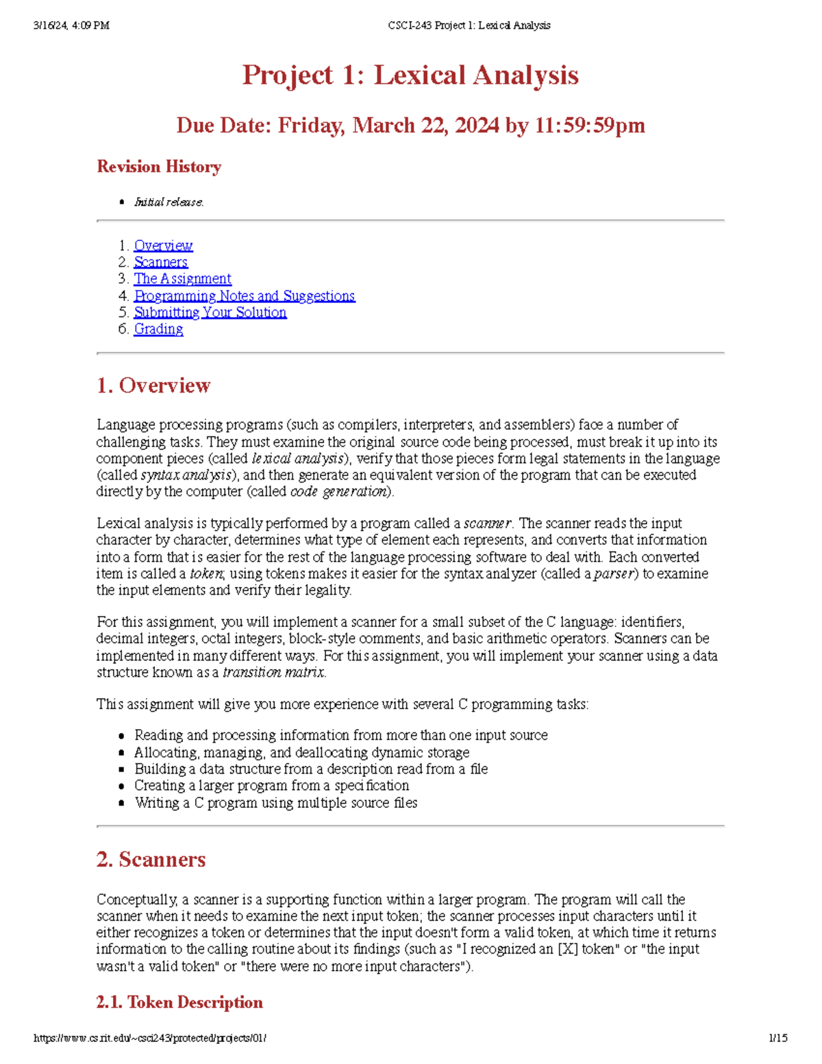 CSCI-243 Project 1 Lexical Analysis - Project 1: Lexical Analysis Due Date: Friday, March 22 ...