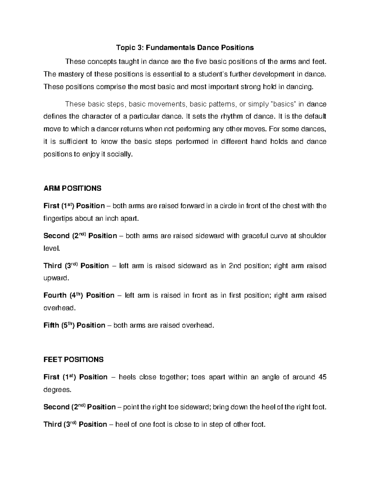 Physical Education 2 - Topic 3 - Topic 3: Fundamentals Dance Positions ...