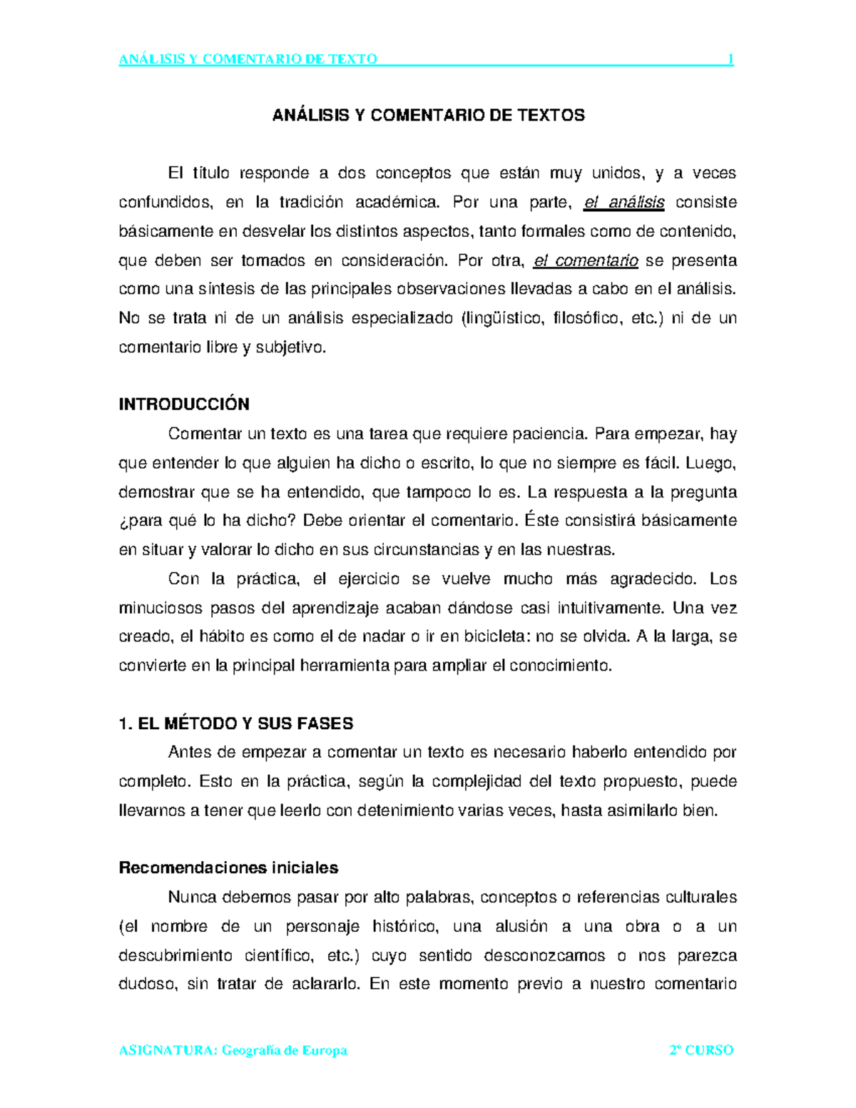 Comentario Texto - ANÁLISIS Y COMENTARIO DE TEXTOS El título responde a dos conceptos que están ...