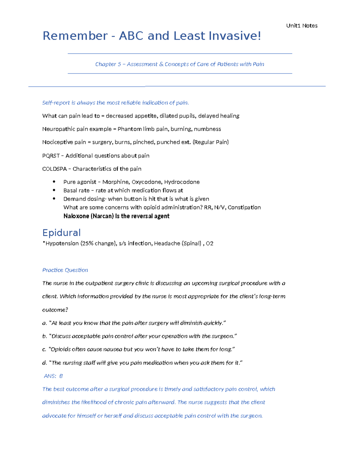 Unit 1 Med Surg - Summary Nur Med Surg - Remember - ABC and Least ...