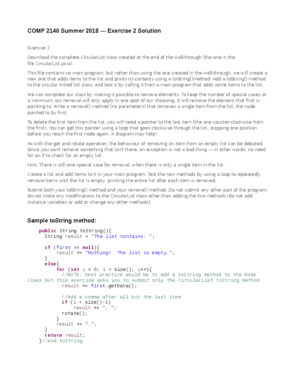 Summer 2018 Exercise 2 Solution - COMP 2140 Summer 2018 - Exercise 2 Solution Exercise 2 ...